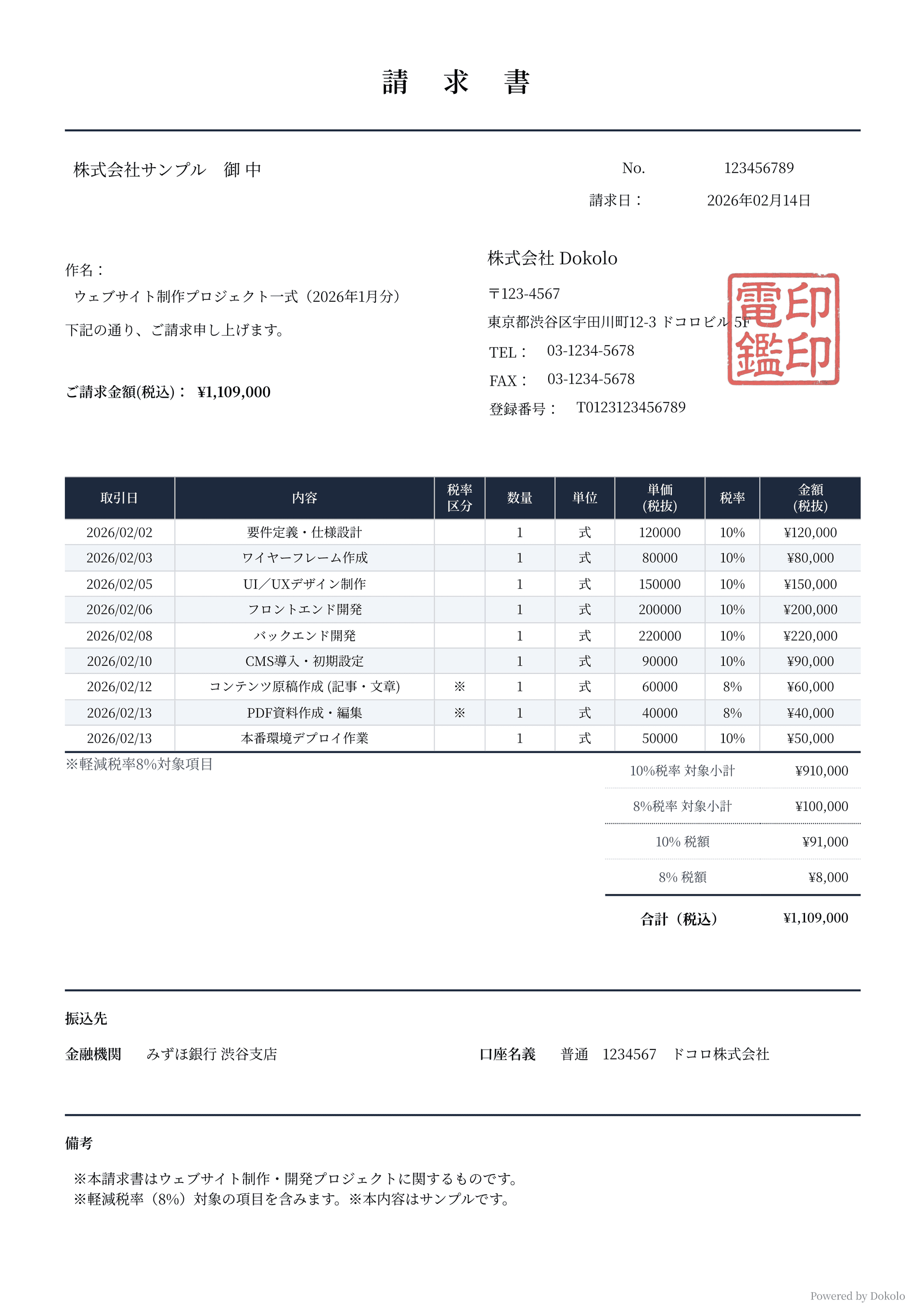 Free Japanese Receipt, Invoice & Estimate Generator | No Login - Dokolo